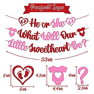 He or She What Will Our Little Sweetheart Be Banner Happy Valentine’s Day Theme Pink Red Glitter Gender Reveal Baby Shower Party Decorations Supplies