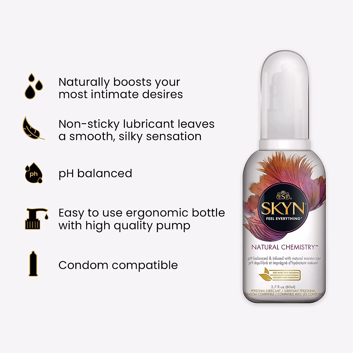 SKYN Natural Chemistry Lubricant – 2.7 fl. oz – pH-Balanced, Water-Based Lube Infused with Natural Moisturizer​