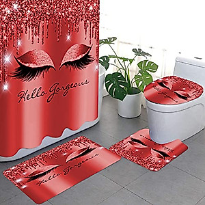4Pcs Red Hello Gorgeous Shower Curtains Bathroom Sets with Rugs and Accessories for Women Bling Eyelash Modern Red Shower Curtains Sets with Soft Bath Mat and Toilet Seat Cover