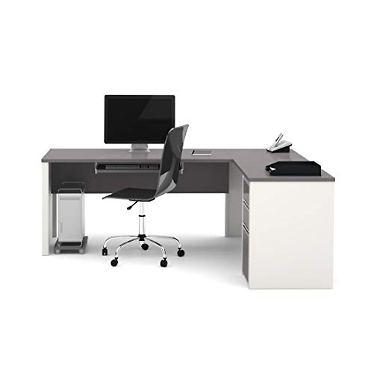Bestar Connexion 72W L-Shaped Desk with Pedestal in Slate & Sandstone