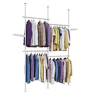 DYN Ptah Floor to Ceiling Adjustble Garment Rack, Heavy Duty Double 2-Tier Clothes Rack, Free Standing Clothes Laundry Drying Rack, Clothing Hanger Tension Rod Closet System Wardrobe Storage White