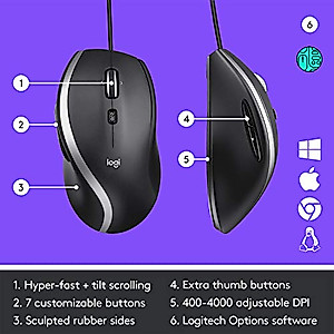 Logitech M500s Advanced Corded Mouse with Advanced Hyper-fast Scrolling & Tilt, Customizable Buttons, High Precision Tracking with DPI Switch, USB plug & play
