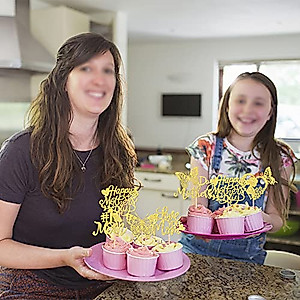 24 PCS Happy Mother's Day Cupcake Toppers Glitter Heart #1 Mom Butterfly Love You Mom Cupcake Picks for Happy Mother's Day Theme Women Birthday Party Cake Decorations Supplies Gold