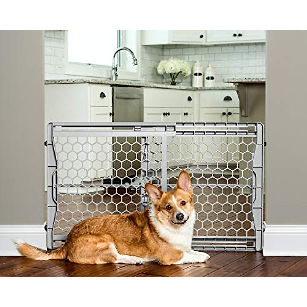 Carlson Pet Products Easy Fit Plastic Adjustable Pet Gate, Fits Openings 28-42" Wide, Includes Rubber Pads to Protect Walls,Gray