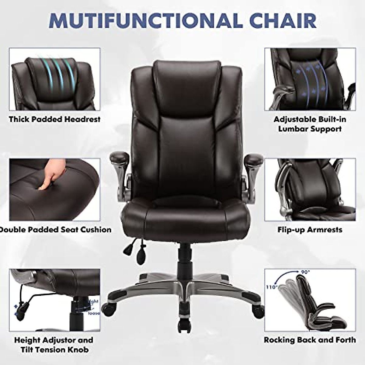 Leather Executive Office Chair- High Back Home Computer Desk Chair with Padded Flip-up Arms, Adjustable Tilt Lock, Swivel Rolling Ergonomic Chair for Adult Working Study-Brown