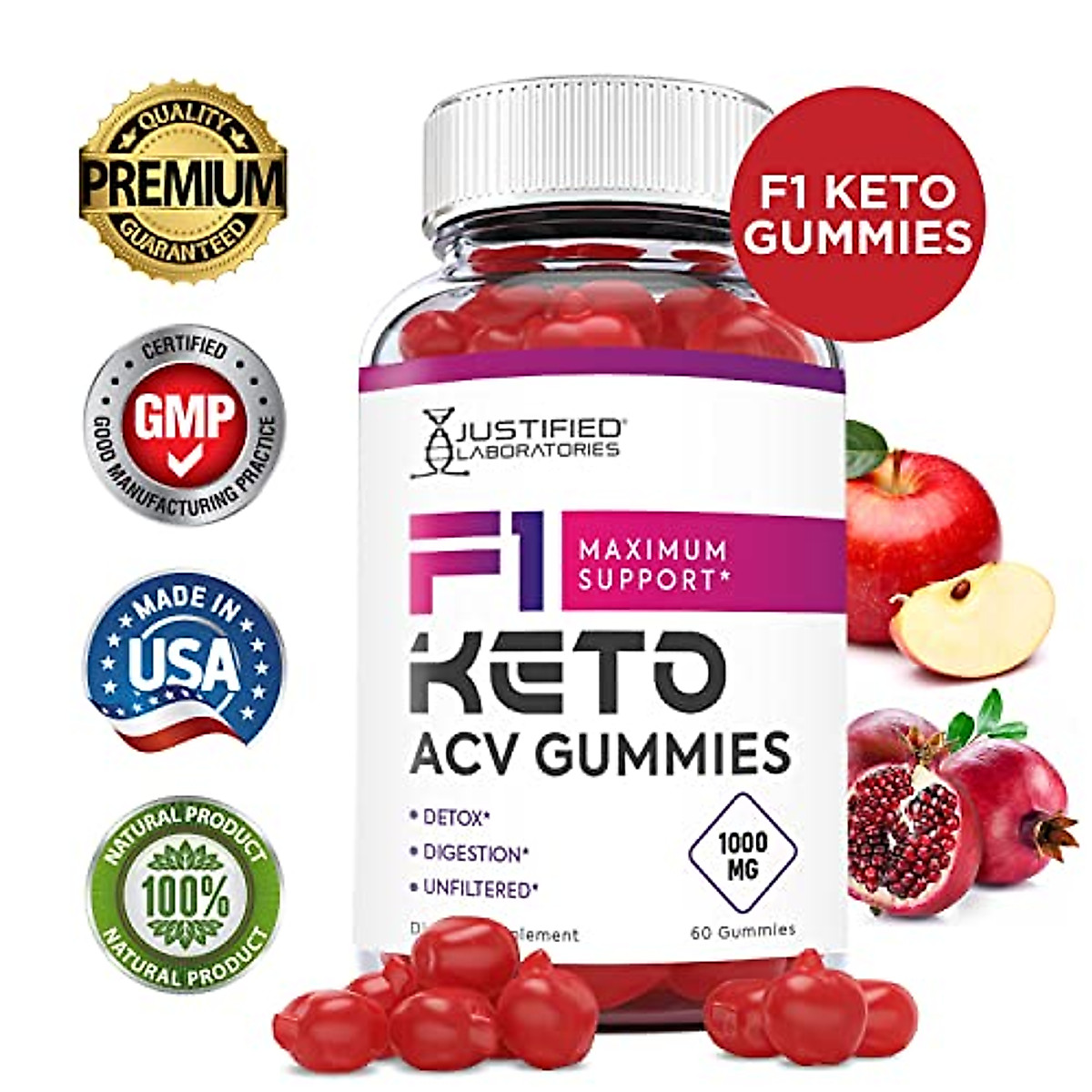 Justified Laboratories (2 Pack) F1 Keto ACV Gummies 1000MG with Pomegranate Juice Beet Root B12 120 Ketos Gummys