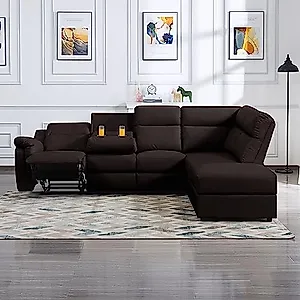Modern Faux Leather Manual Reclining Sectional Sofa Couch with 2 Cup Holders and Sorage Chaise Lounge, L-Shaped Corner Skin Friendly PU Sofa & Couch for Home Theater Office Living Room Furniture Sets