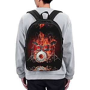 AMRANDOM School Backpack Book Bag Rock Roll Drums Flame Drummer Skull Supplies For College Students Travel Laptop Backpack With One Size