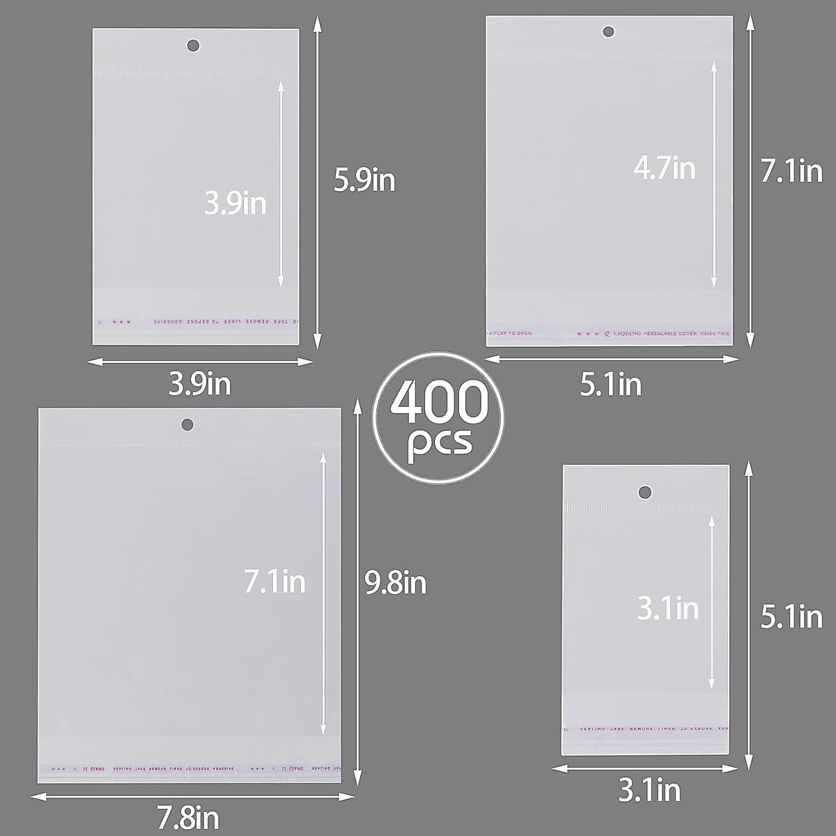 400Pcs Clear Plastic Self Sealing Bags with Hang Hole Resealable Storage Cellophane Bags for Bakery Cookies Candies Jewelry Decorative Wrappers Gifts 3 x 5inch, 4x 6inch, 5 x 7inch, 8 x 10 inch