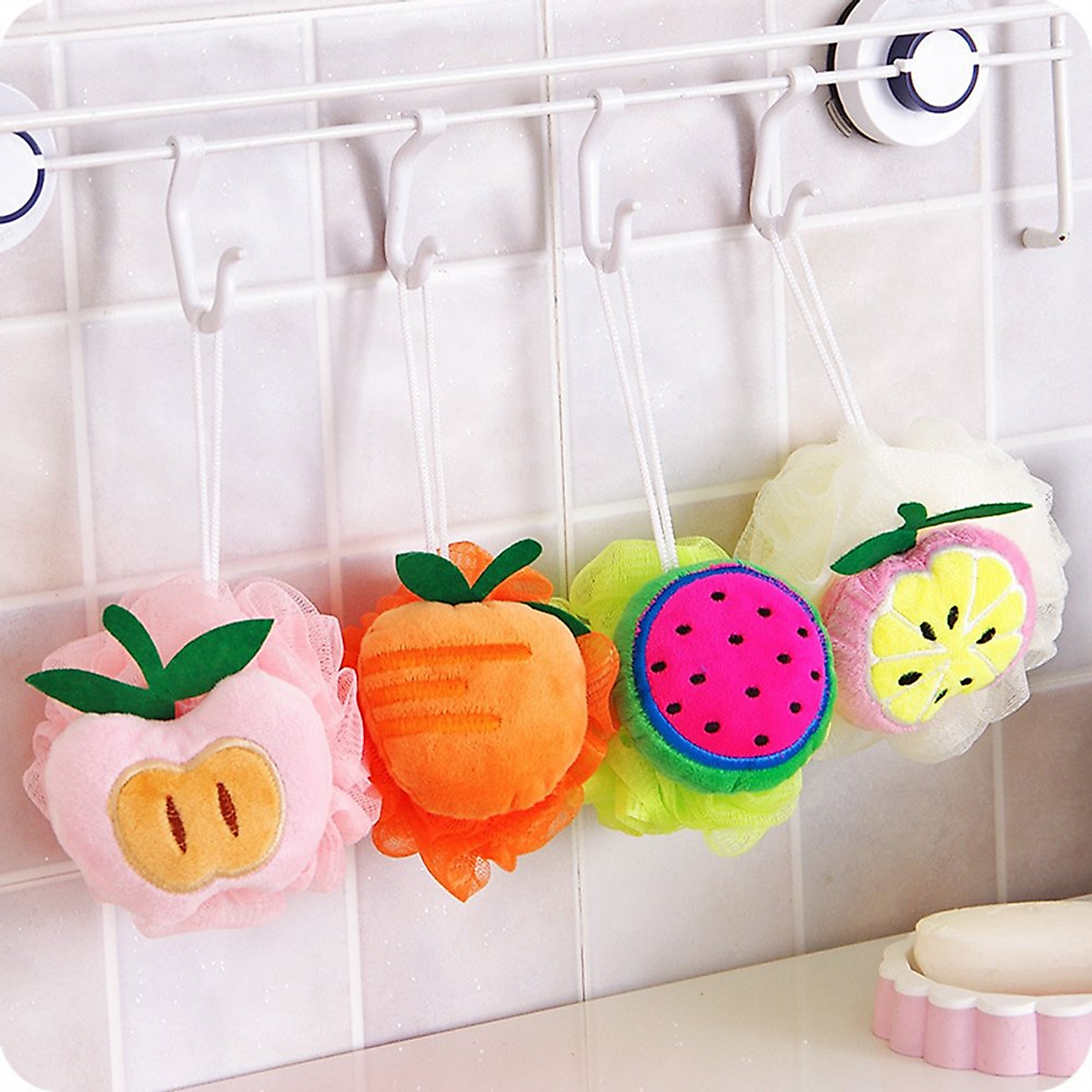 3 Pack Shower Sponge Poufs/Mesh Bath Loofahs Ball, Body Cleaning Washing Scrubber / 2 in 1 Cute Fruits Shaped Bathroom Bubbler Accessory for Dry Skin Exfoliating, Cellulite, Massage