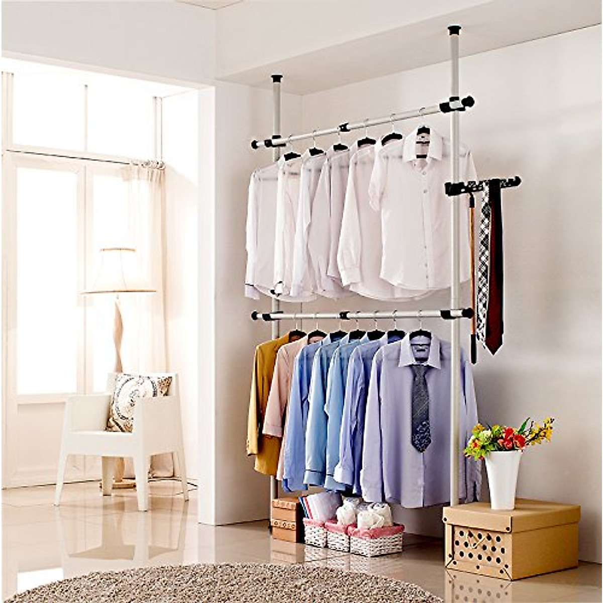 Goldcart 3202 Telescopic Garment Rack, Heavy Duty Design Movable DIY by Hand No Damage to Wall Ceiling Hanging Rail, 0.7-1.3 Meters Wide Adjustable, 120 Kilogram Loading, Reach Hook Included, White