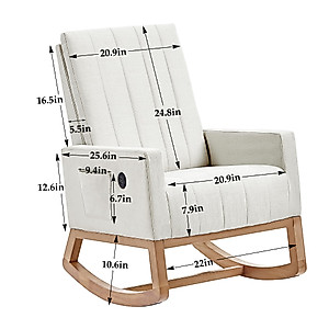 VECELO Rocking Chair, Upholstered Glider Rocker for Nursery Comfy Armchair with Safe Solid Wood Base/USB Port/Side Pocket for Living Room Bedroom Balcony Home Office, Off-White