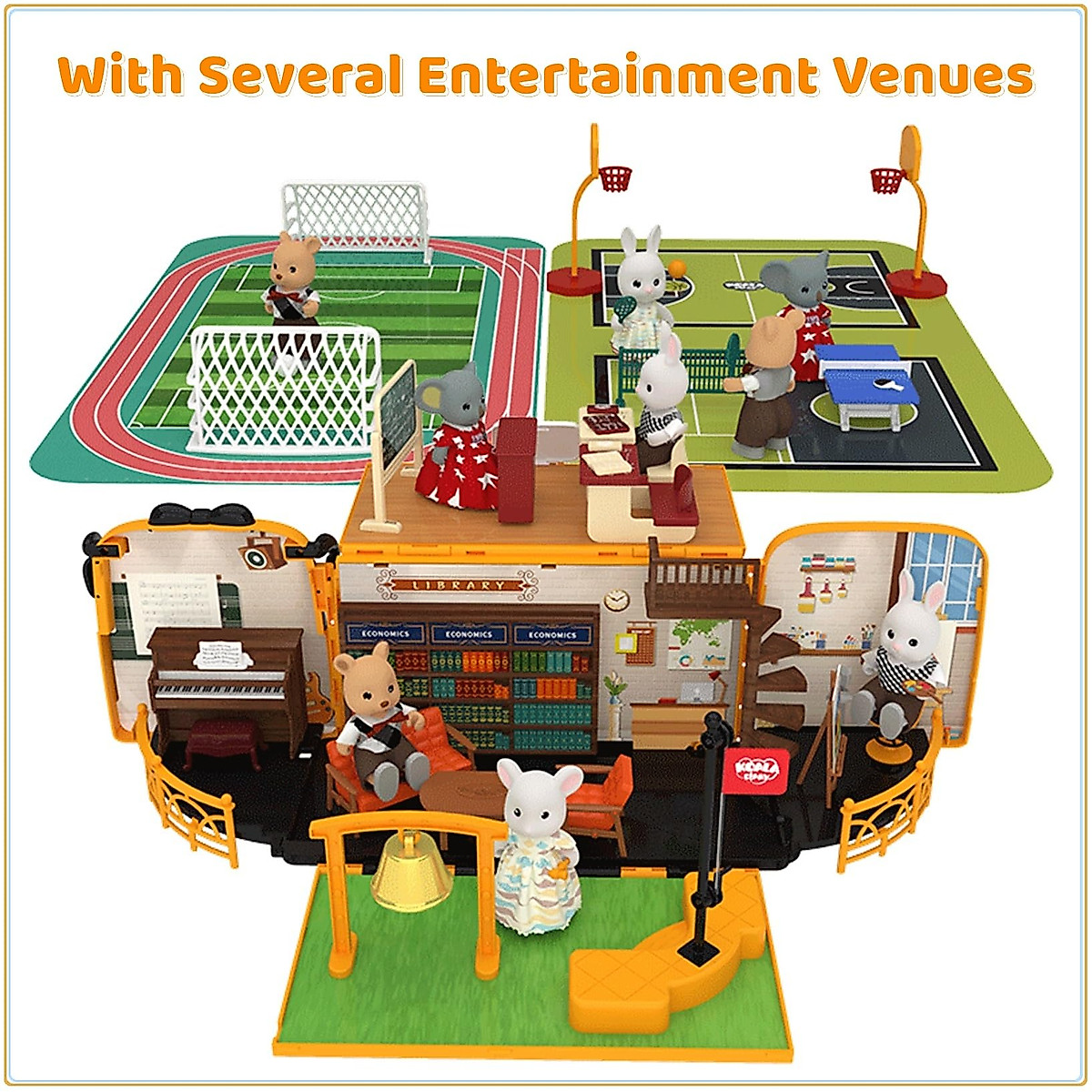 Kids Dollhouse Playset - Portable School Bus Doll House Toys with 46 Furniture Accessories and Critter Animal Doll, Toddler Pretend Play Educational Car Toys for Boys Girls Birthday Gift Ages 4 5 6