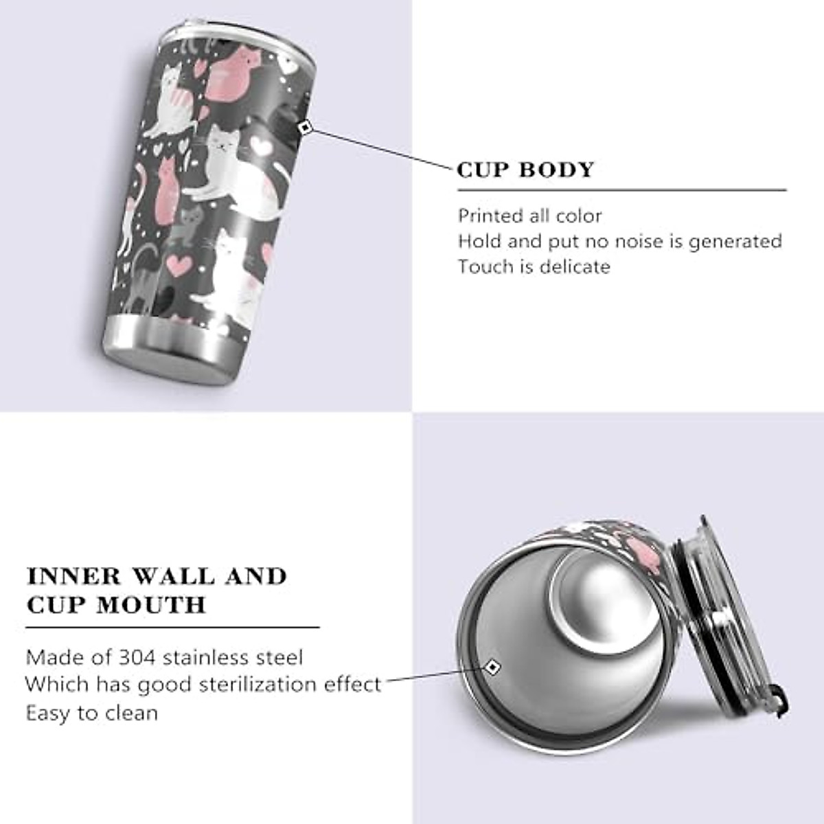 Cartoon Cute Grey White Peach Cats Stainless Steel insulated water bottle with straw Leak-proof Lid and Straw coffee travel mug 20oz for café portable flip straw tumbler taza termica para cafe