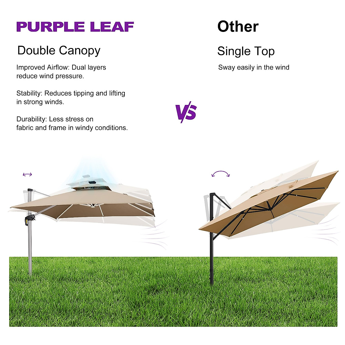 PURPLE LEAF 9' X 12' Double Top Deluxe Solar Powered LED Rectangle Patio Umbrella Offset Hanging Umbrella Outdoor Market Umbrella Garden Umbrella, Beige
