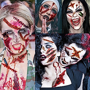 Shegazzi 228+ PCS 28 Sheets 3D Fake Scars Zombie Tattoo Temporary Halloween Makeup Kit For Kids Women Men Adults Fake Wound Cut Stitches Tattoo Chucky Makeup Kit Blood Scratches Scar Tatoos Decals