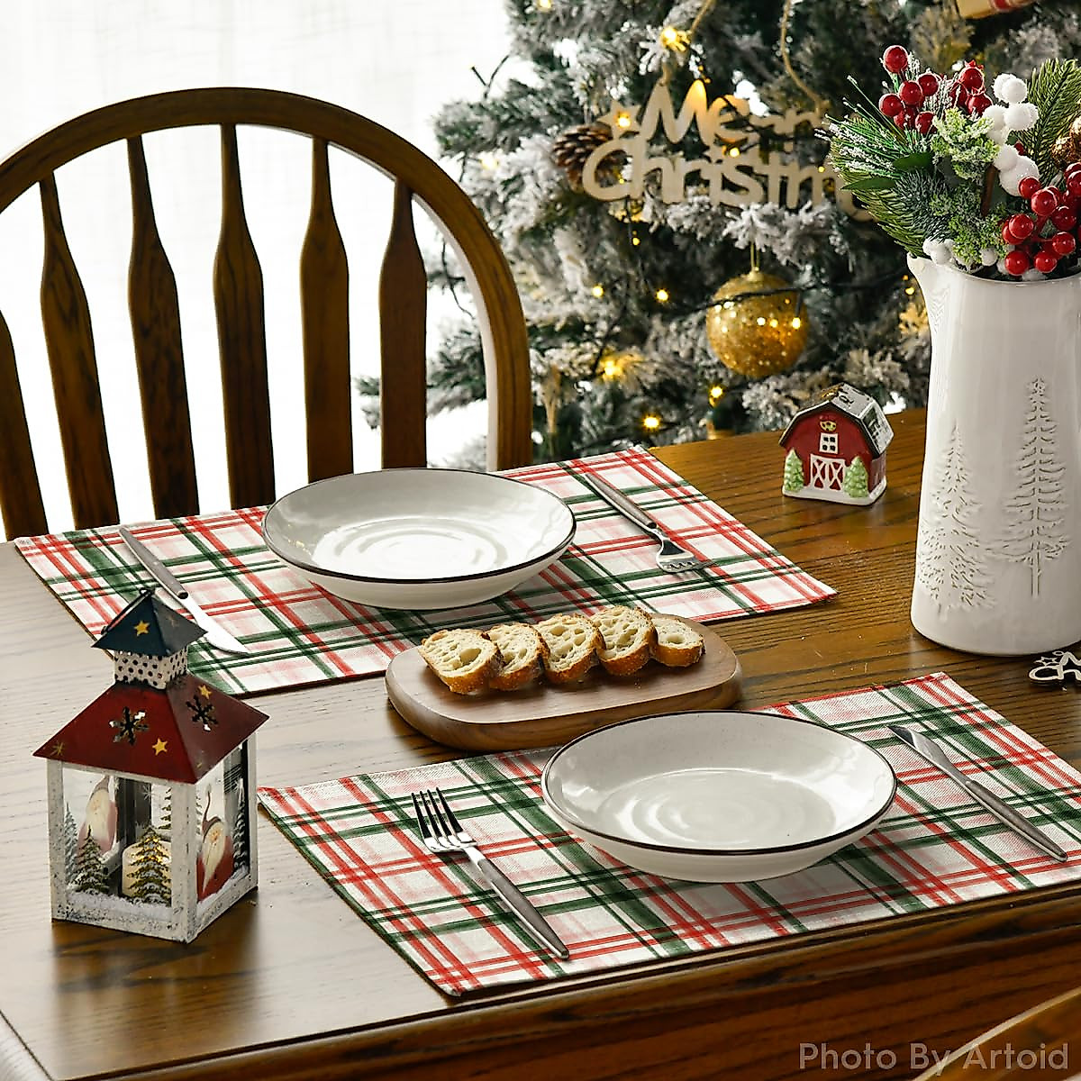 Artoid Mode Red Green Buffalo Plaid Christmas Placemats Set of 6, 12x18 Inch Seasonal Winter Table Mats for Party Kitchen Dining Decoration