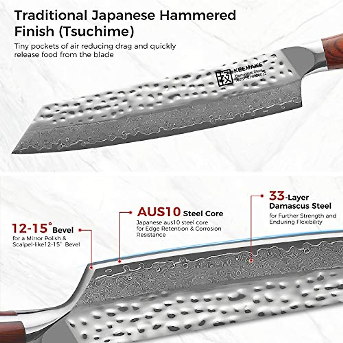 KEEMAKE Chef Knife 8 inch, Kiritsuke knife with Hammered Damascus Steel Blade Kitchen Knife, Japanese Gyutou knife with Pakkawood Handle Chopping Knife, Meat Cutting Knife With Walnut Sheath