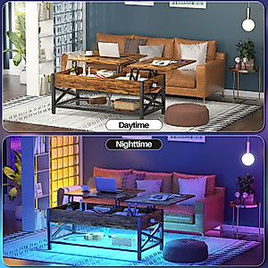 Aheaplus Coffee Table, Lift Top Coffee Table with LED Light and Power Outlet, Modern Lift-Top Center Table with Storage Shelf, for Living Room with Lift Tabletop, X Support Metal Frame, Rustic Brown