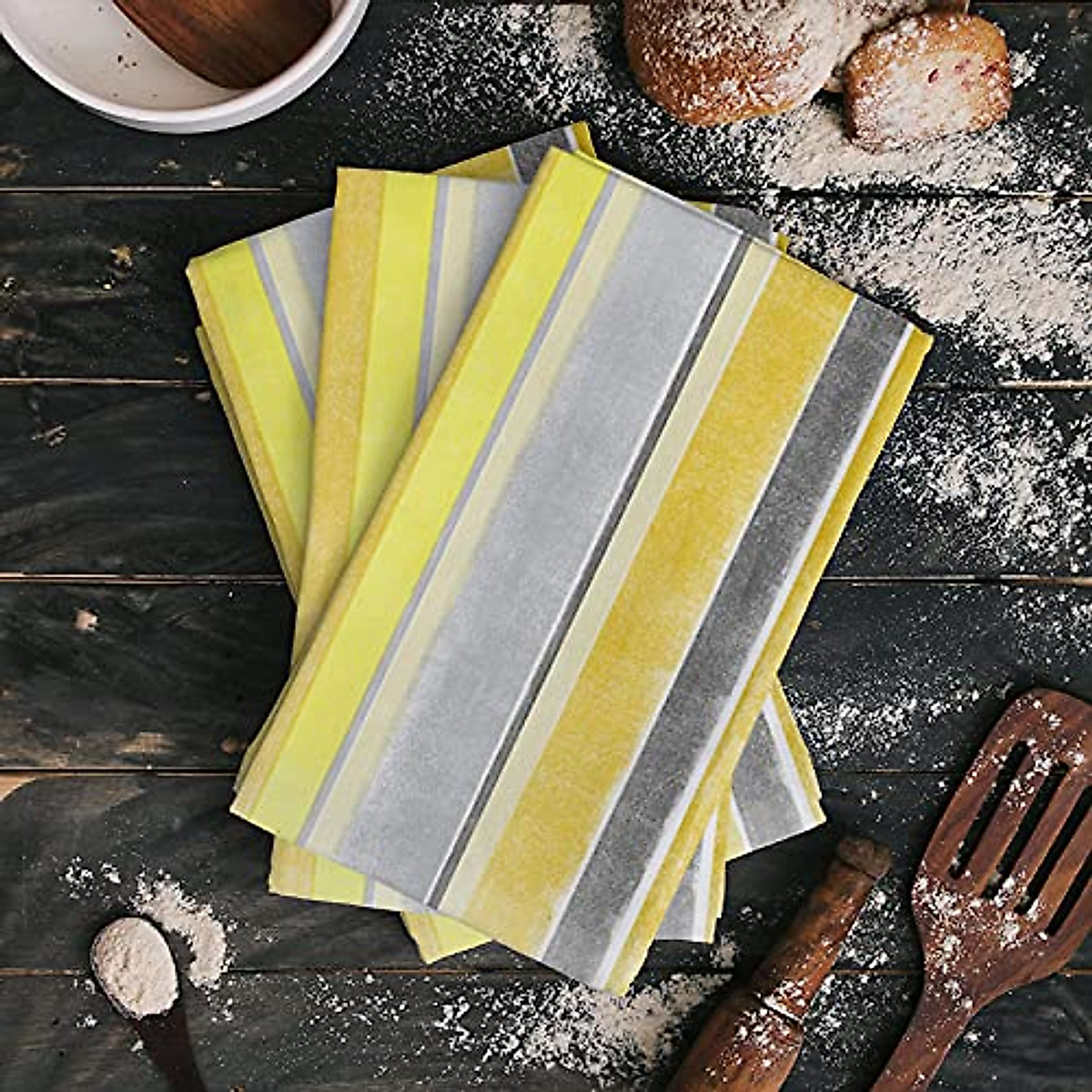 Kitchen Towels Set Ombre Yellow Grey Stripe Hand Towels Dish Towel Geometric Design Dishcloths 2 Pack, 18x28 Inches Absorbent Soft Cotton Dish Cloths Bar Towels & Tea Towels