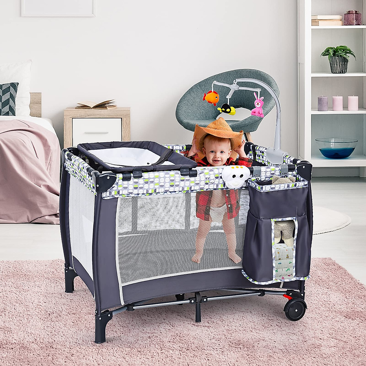 HONEY JOY Portable Baby Playard, 3-in-1 Pack and Play with Infant Bassinet, Diaper Changer & Toy Bar, Lockable Wheels, Toddler Play Yard w/Carry Bag Gray