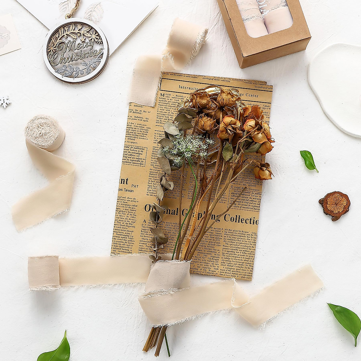 JEDIA Chiffon Ribbon, 3 Rolls Champagne Beige Handmade Fringe Chiffon Silk Ribbons, 1.5" x 7Yd Chiffon Ribbon Set for Gift Wrapping, Wedding Invitations, Bouquet Wrap, Bridal Bouquets, DIY Crafts