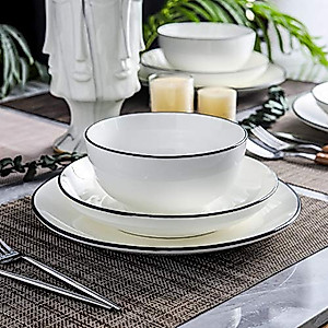 YOLIFE 10 inch Dinner Plate, Set of 4 White and Black Trim Porcelain Plates