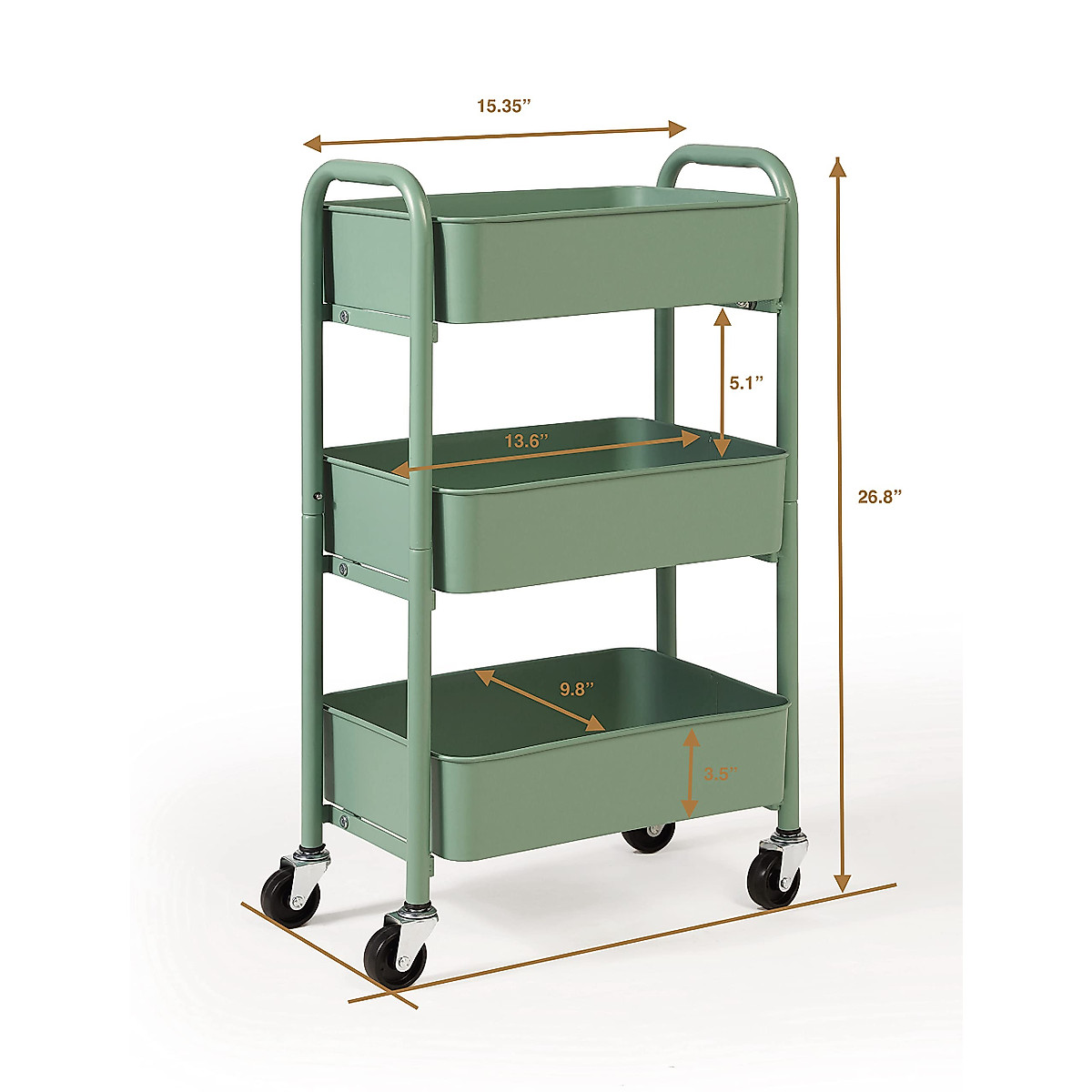 SunnyPoint 3-Tier Delicate Compact Rolling Metal Storage Organizer - Mobile Utility Cart Kitchen/Under Desk Cart with Caster Wheels (Turq, Compact (15.5" X 26.8" X 10.27"))