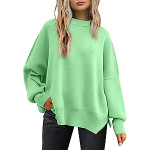 LILLUSORY Women's Oversized Batwing Sweaters 2024 Fall Outfits Crewneck Ribbed Knit Side Slit Trendy Pullover Tops LightGreen L