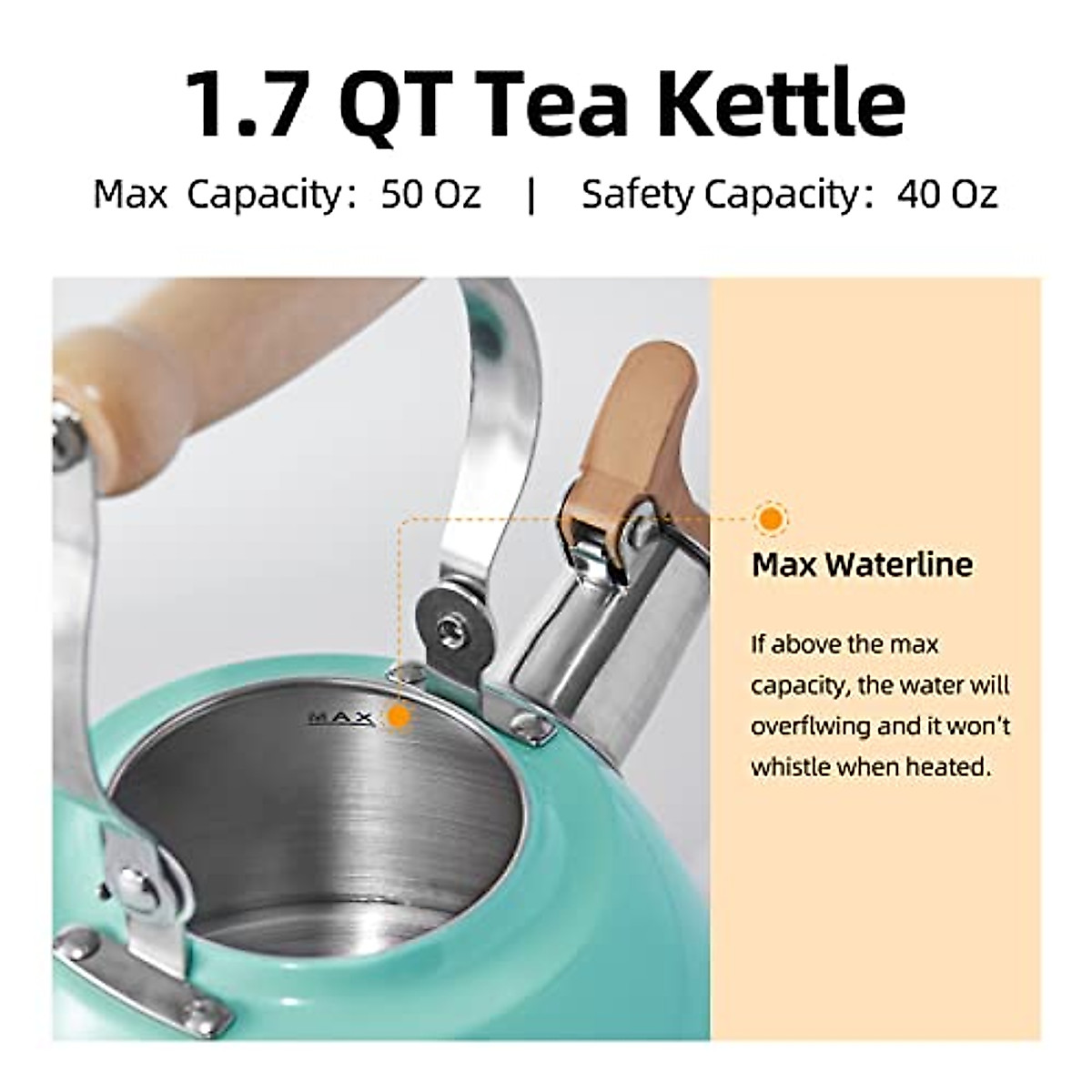 ROCKURWOK Whistling Tea Kettles, 1.6 QT/50 OZ, Small Tea Kettle, Universal Base for Induction, Gas, Electric, Halogen, Radiant, Wooden Handle for Cool Touch,Gradient Green