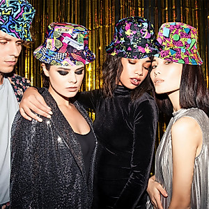 6 Pack Retro 80s 90s Bucket Hats for Men Women, Funny Retro Party Hats, Vintage Print Fisherman Hats for Disco Hip hop Party, Unisex Reversible Portable Hat Outdoor Fashion Sun Cap Colorful