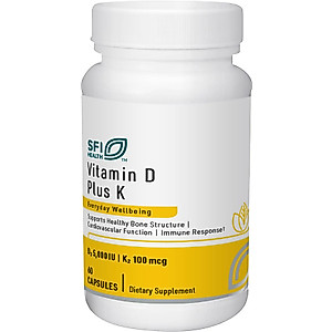 Klaire Labs Vitamin D Plus K - 5000 IU Vitamin D3 with Vitamin K2 MK-7, Bioavailable Formula - Bone, Cardiovascular & Immune Support Supplement (60 Capsules)
