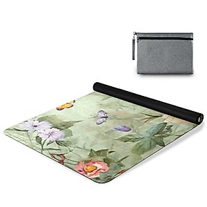 GOODOLD Flower and Bird Green Yoga Mat, 71 x 26 Inch Non-slip Yoga Mats Folding Travel Exercise Mat Indoor Outdoor Gym Pilates with Storage Bag for Women Men