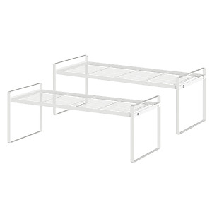 2 Pack Stackable Kitchen Cabinet Shelf Organizer Rack – Countertop Storage for Pantry, Bathroom, Office, Space Saving, Rust Resistant, Non-Slip, White, 20" L x 8.25" D x 7.3" H Each, 14.6" H Stacked