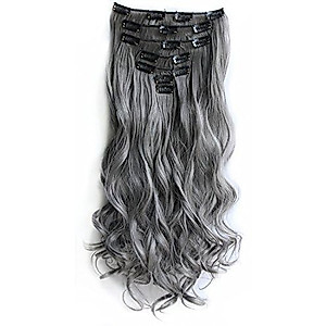 SWACC Women 20 Inches Curly Full Head 7 Separate Pieces Heat Resistance Synthetic Hair Clip in Hair Extensions (Grey)