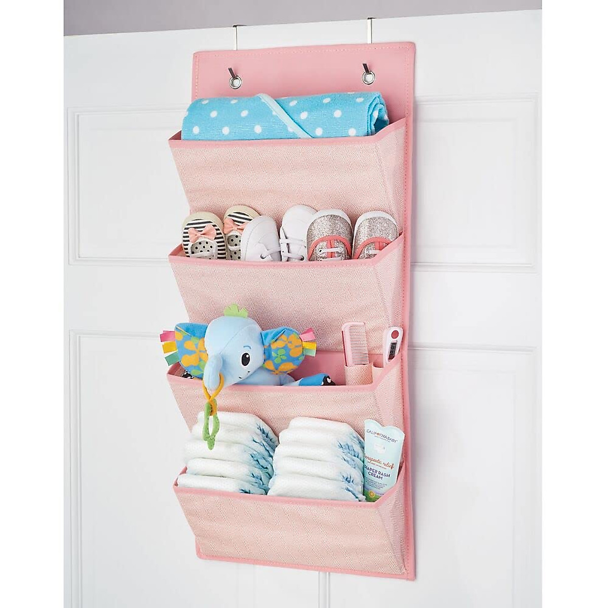 mDesign Soft Fabric Wall Mount/Over Door Hanging Storage Organizer - 4 Large Pockets for Child/Kids Room or Nursery, Hooks Included - Herringbone Print - Pink