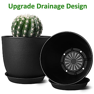 Moneysdodo 8 inch Plant Pots Set of 4 Pack, Plastic Planters with Drainage Holes and 4 Saucers, Morden Decorative Creation Flower Pots for Indoor & Outdoor Garden House Plants, Black
