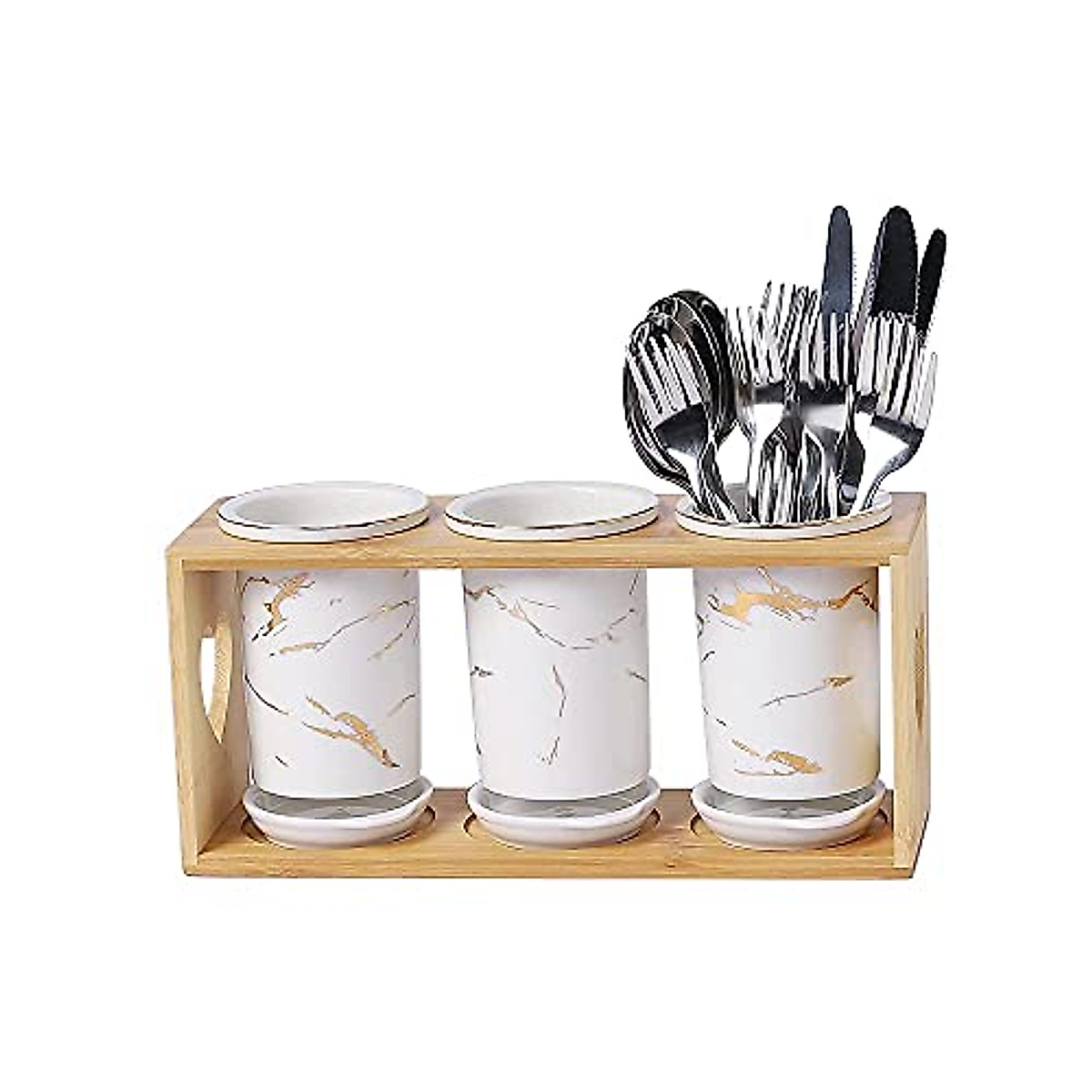LUODI Golden Marbling Set of 3 with Wooden,Silverware Caddy Holder for Spoons Knives and Forks,Kitchen Utensil Flatware Organizer (White)
