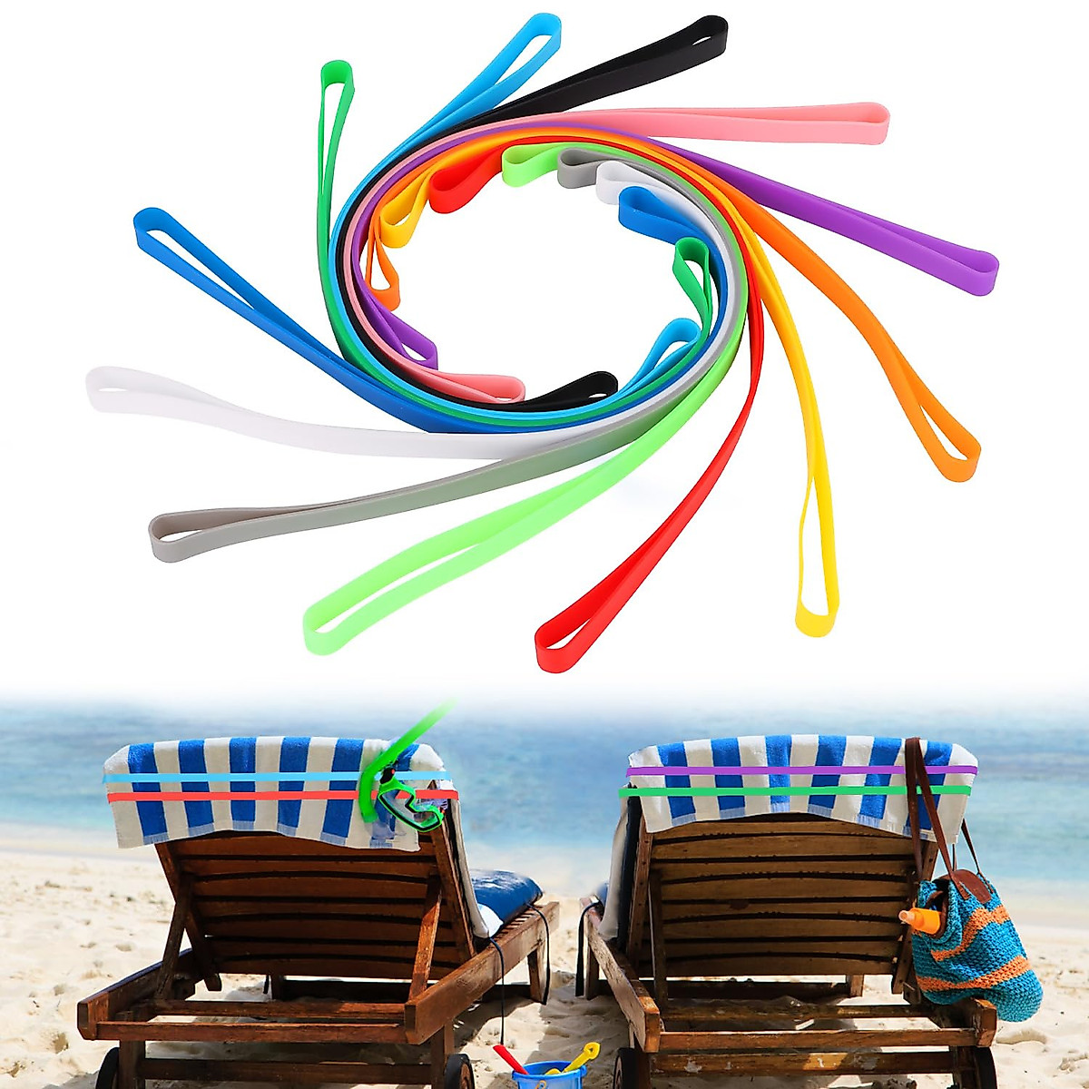 CCINEE 12 Pack Beach Towel Bands for Beach Chair, Stretchable Silicone Towel Holder for Cruise Chairs Elastic Towel Craber Clips for Sorting and Organizing