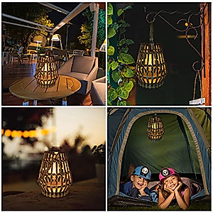 Outdoor Solar Lanterns Hanging - Bamboo Table Light Decorative Landscape Lamp Rattan Natural Lantern Rustic Woven Lantern with Edison Bulb for Indoor Tabletop Patio Garden Pathway Yard Wedding
