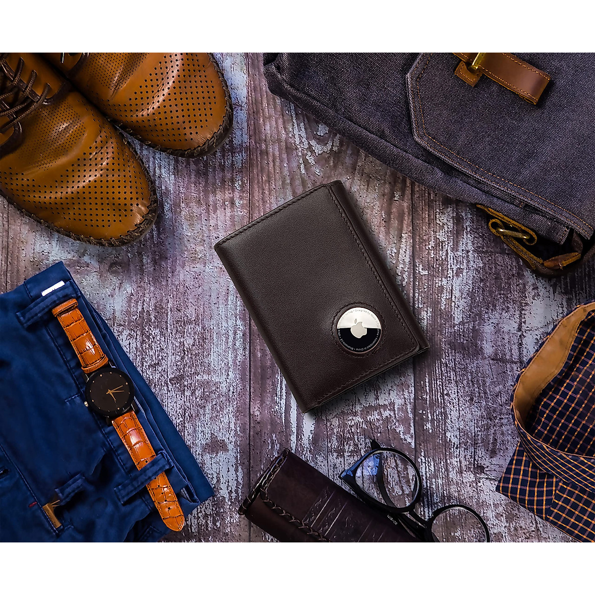 Stealth Mode Men's Leather Trifold Wallet with Airtag Holder and RFID Blocking (Coffee)
