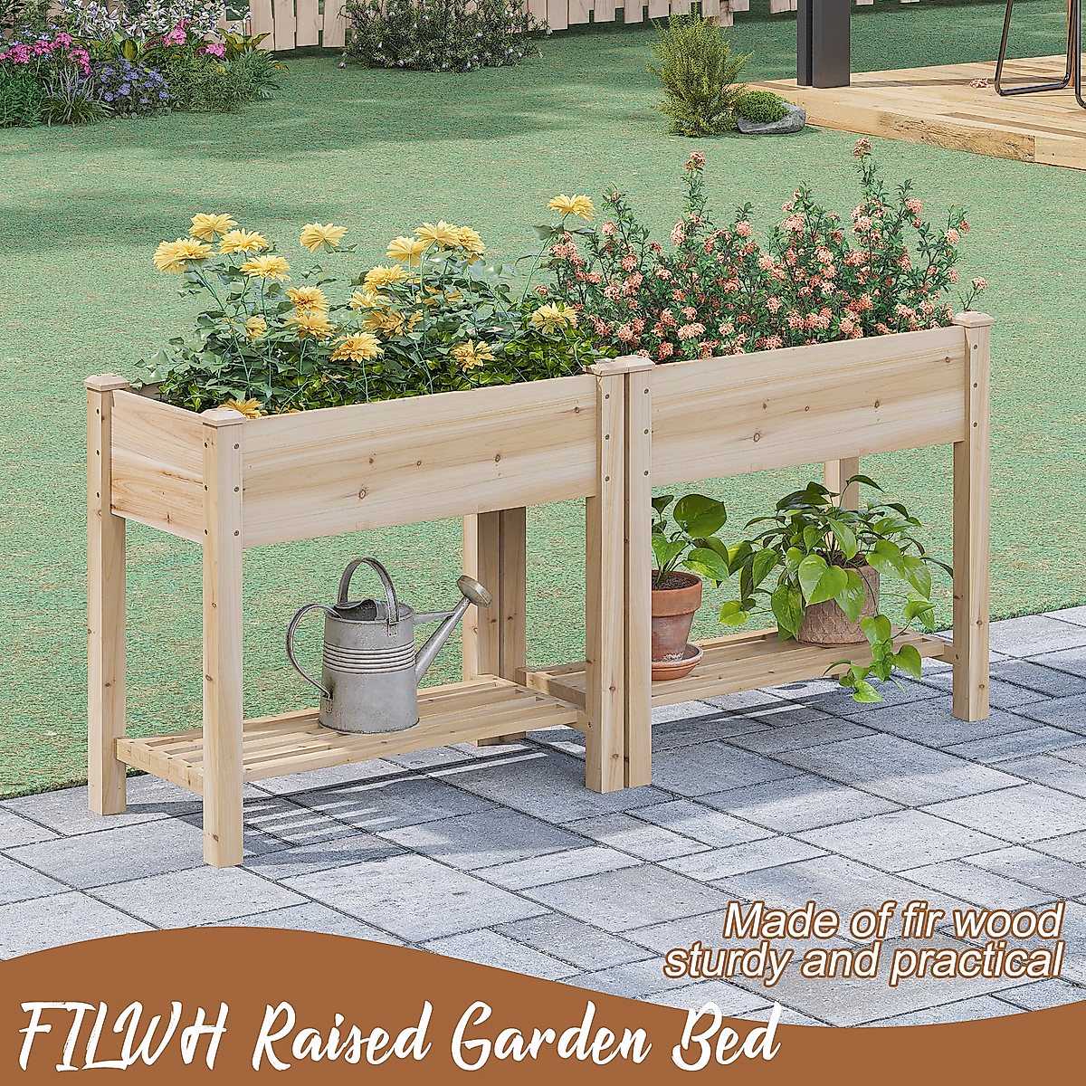 FILWH Raised Garden Bed with Legs Elevated Wooden Planter Box Stand Large Planter Stand Box for Fruits Vegetables Flowers with Divider with Bag - 34x18x30.5IN