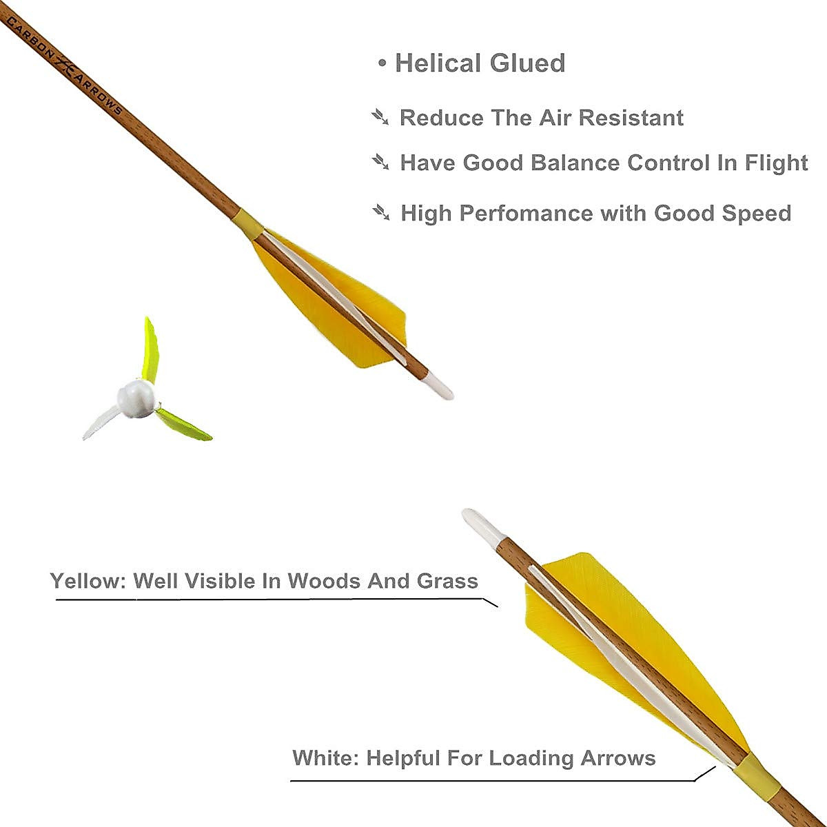 Letszhu Archery Carbon Arrows 500 Spine with Helical Real Feathers and Removable Tips for Compound Recurve Bow (6 Pack)