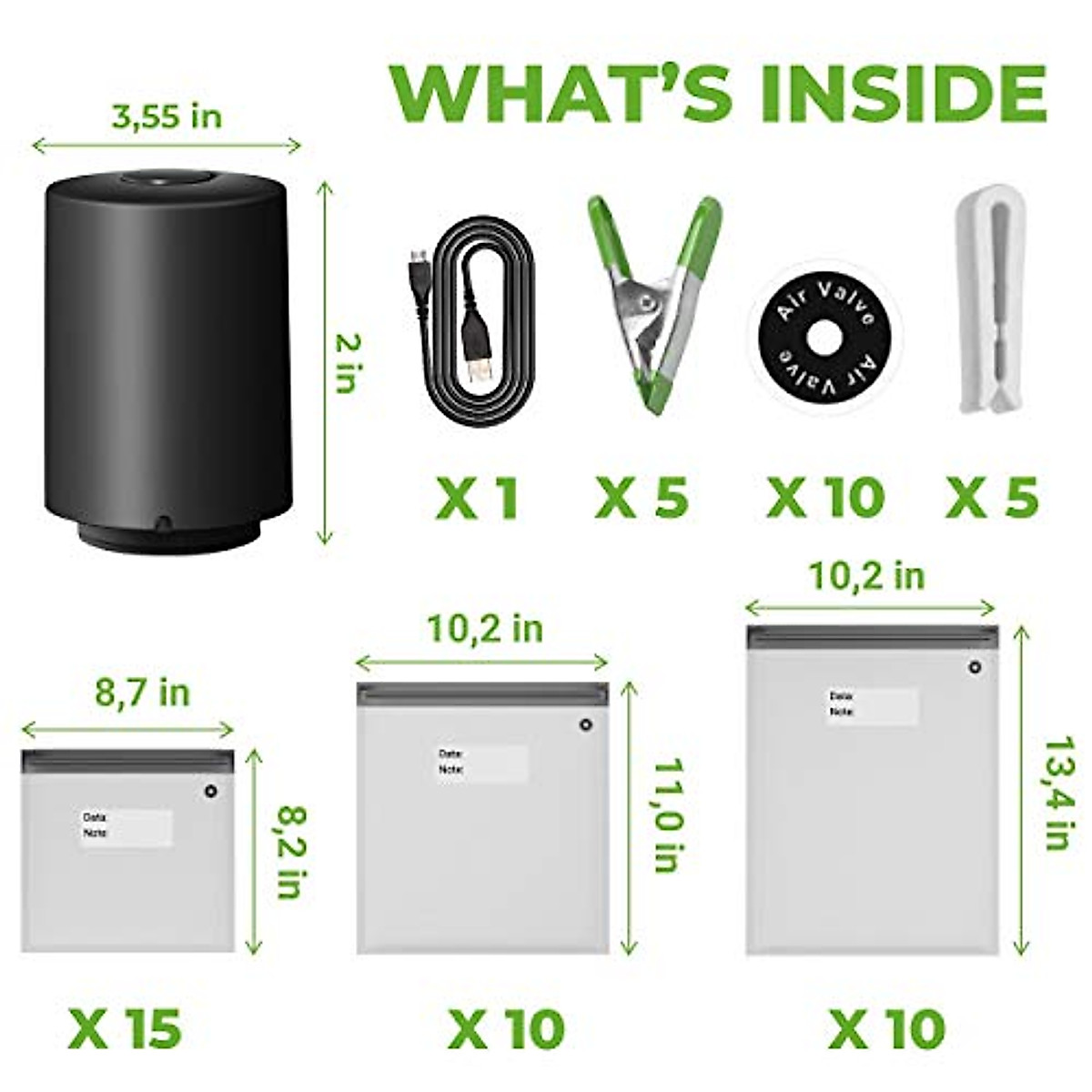 Sous Vide Bags 56 PCS Vacuum Save Sealer - 35 Reusable Vacuum Food Storage Bags for Anova and Joule Cookers - 3 sizes Sous Vide Bag Kit with Pump - 4 Sealing Clips - 4 Sous Vide Bag Clips with Handheld Food Vacuum Sealer