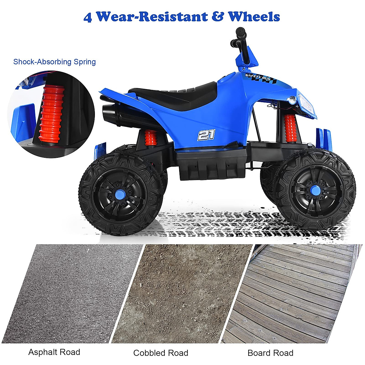 Costzon Kids ATV, 12V Battery Powered Electric Vehicle w/LED Lights, 4-Wheel Suspension, Music, Story, USB, MP3, Extended Seat, Ride on Car 4 Wheeler Quad for Boys & Girls Gift, Ride on ATV (Blue)