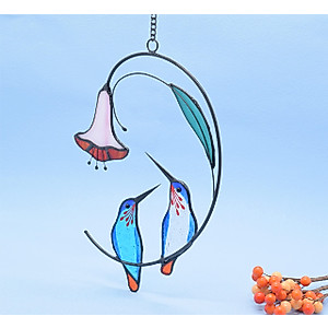 Lolitarcrafts Hummingbird with Flower Stained Glass Suncatcher Bird Stained Glass Window Hangings Hummingbird Gift for Home Decor (Blue 1 Pair)