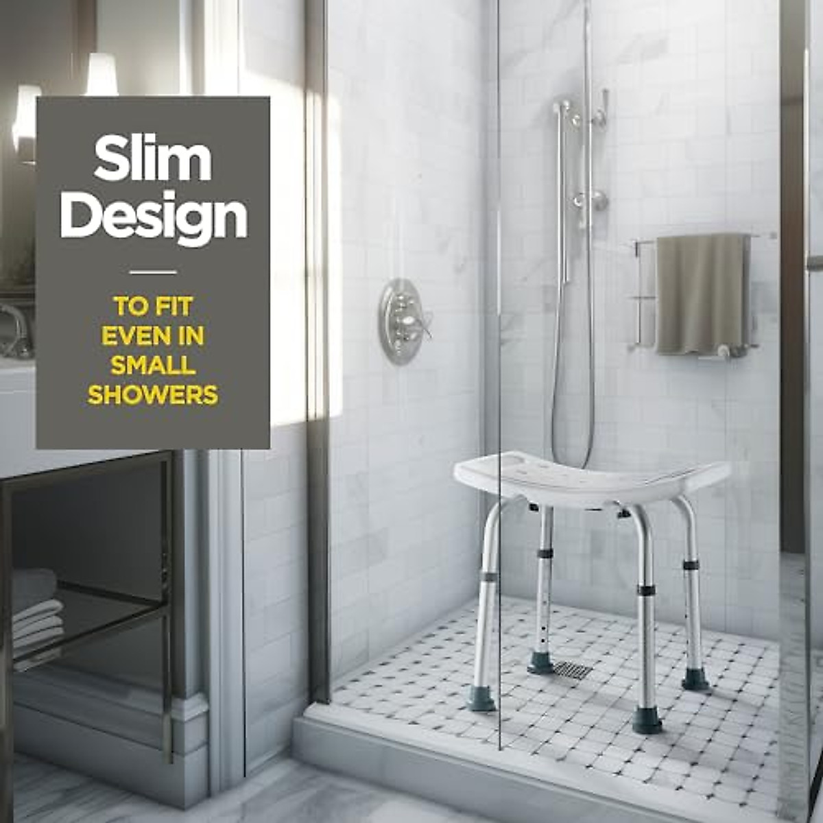 Shower Chair - with Back Scrubber & Additional Sponge - Tool Free Shower Chair for Elderly - with 8 Adjustable Heights - Portable Anti Slip Bath Chair for Elderly