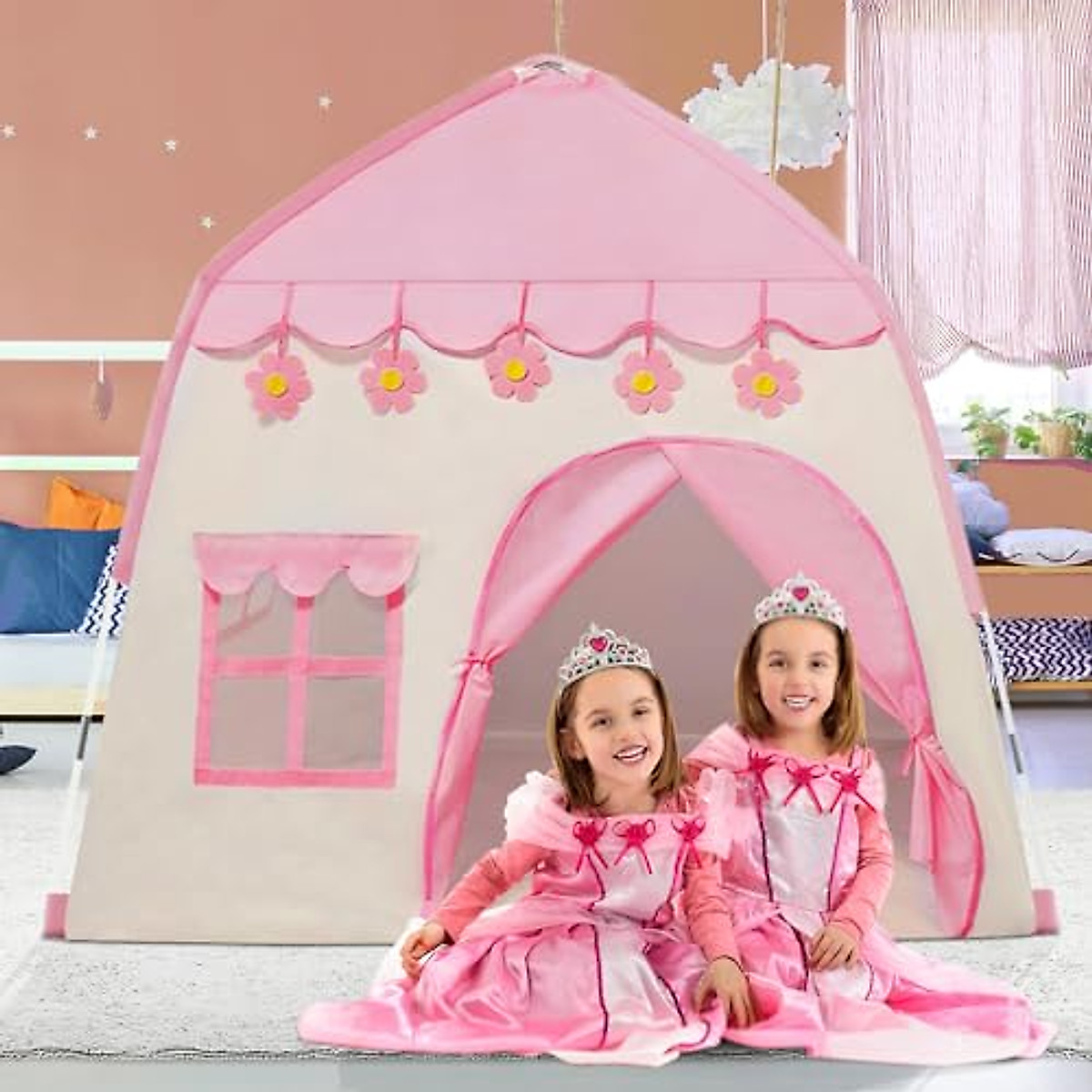 TTLOJ Kids Gift Play Tent with Small Lights, Princess Crown & Wand, for Girls Boys, Princess Playhouse, Pink Castle, Fairy Tale Teepee Tent, Indoor Outdoor, Birthday