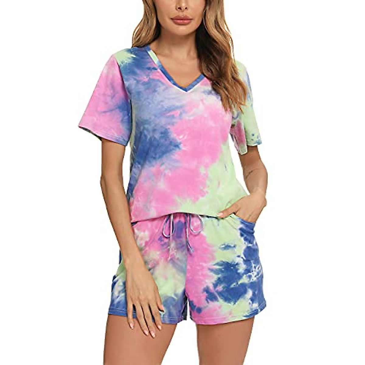EISHOPEER Womens Tie Dye Printed Tee and Shorts Pajamas Set Sleepwear Pjs Sets LoungewearMulticolored S