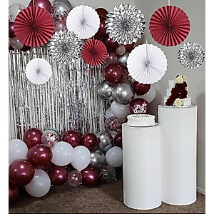 9PCS Burgundy Maroon White Silver Party Streamers Pom Poms Paper Flowers Hanging Party Fans Backdrop Graduation Bridal Wedding Shower Bachelorette Anniversary Birthday Party Décor